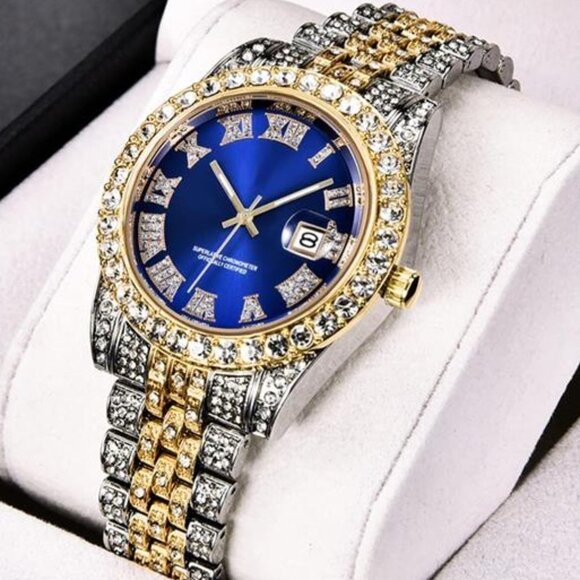 Accessories | Mens Iced Out Blue Face Bling Diamond Luxury Quartz Watch ...